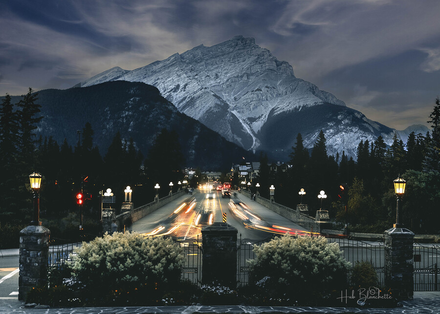 Banff Ave At Night In Alberta Canada by Hub Blanchette Wall Art