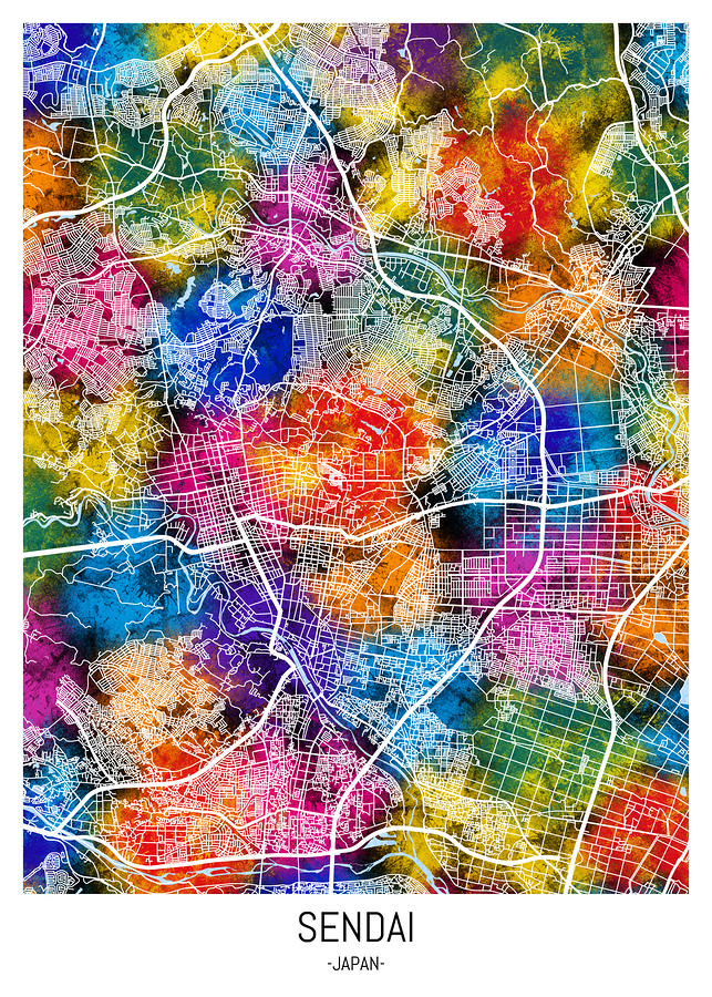 Sendai Japan City Map by Point Art Wall Art