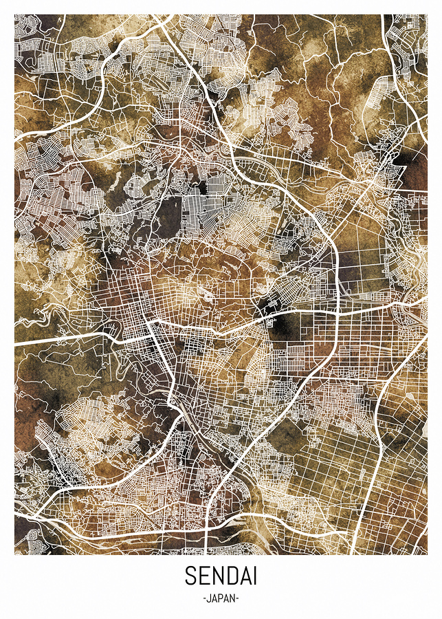 Sendai Japan City Road Map by Point Art Wall Art