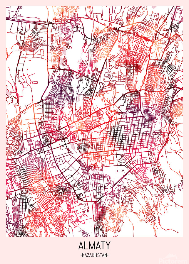 Almaty City Downtown Street Map by Point Art Wall Art