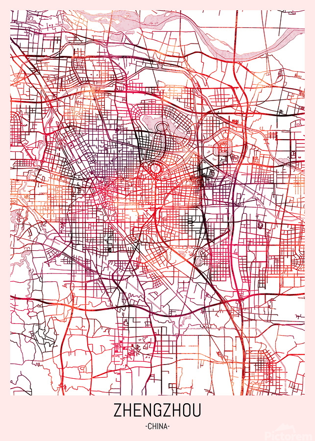 Zhengzhou City Downtown Street Map by Point Art Wall Art