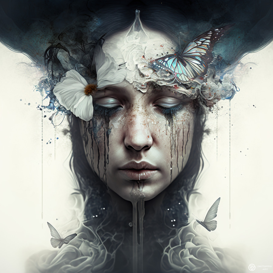 Crying woman with a butterfly by diotoppo Wall Art
