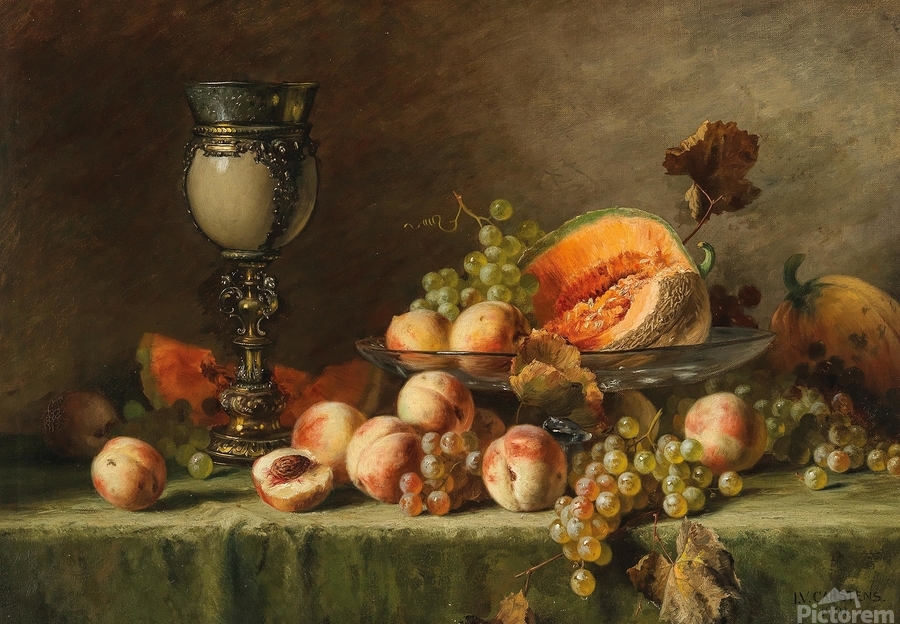 A Still Life with Peach. Grapes and Pumpkin [1901] by Julius Victor Carstens [1849–1908] by ...