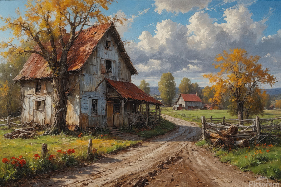 Charming Autumn Farmhouse Landscape by Wildscape Creations Wall Art