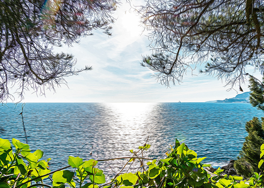 Sunlight reflected on the sea of Cap Martin in a sunny winter day by ...