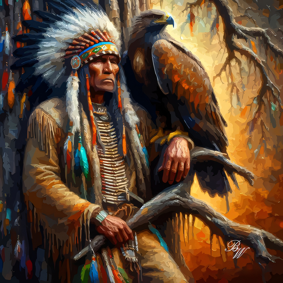 Native American Indian and Hawk by Billy Wayne Wall Art
