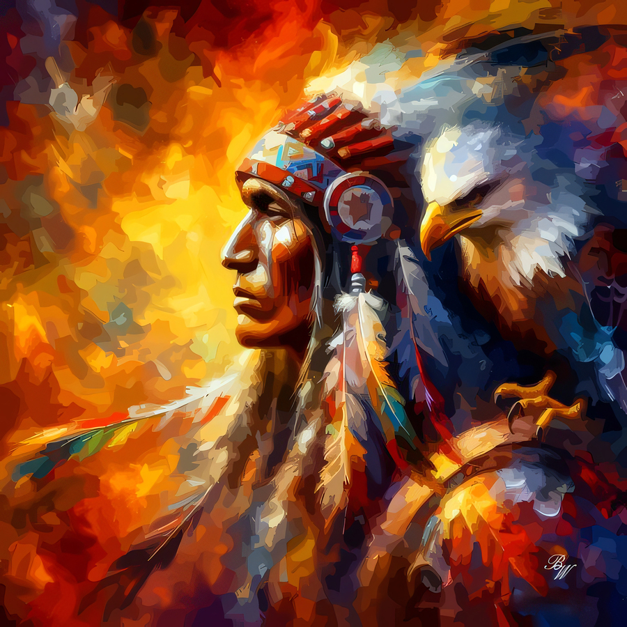 Native American Indian Male with Hawk 1 by Billy Wayne Wall Art