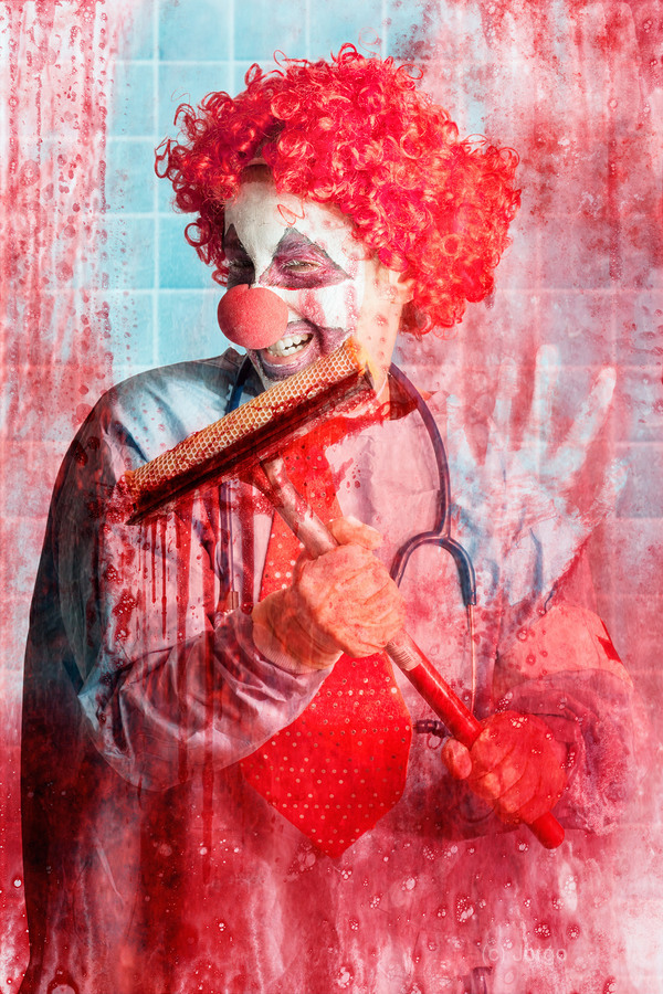 Scary hospital clown cleaning blood smeared window by Jorgo Wall Art