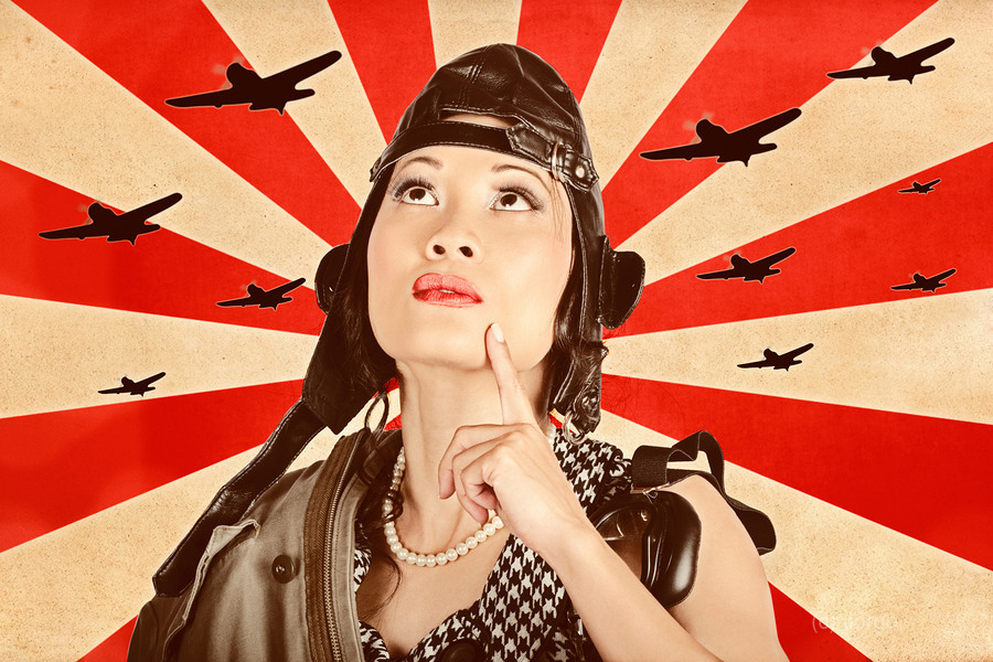 Retro asian pinup girl. War planes of revolution by Jorgo Wall Art