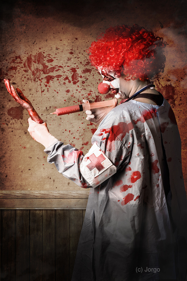 Scary medical clown injecting horror into limb by Jorgo Wall Art