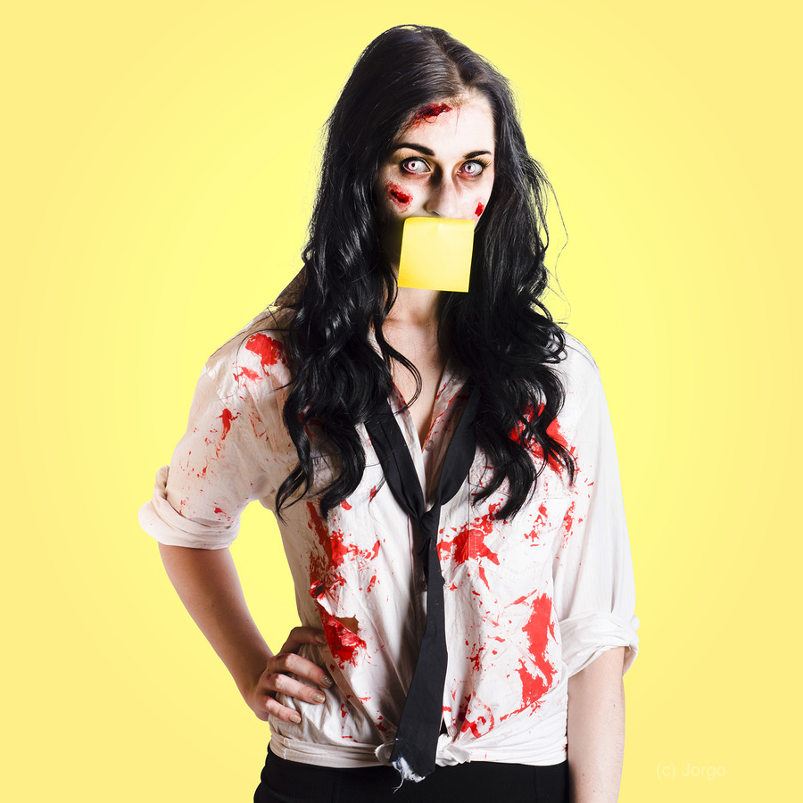 Deceased business woman with memo message on face by Jorgo Wall Art