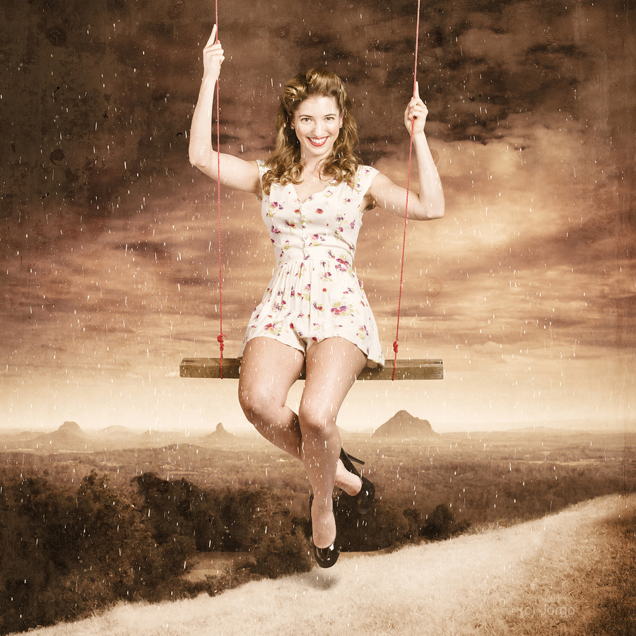 Pin-up beauty enjoying summer rain in Australia by Jorgo Wall Art