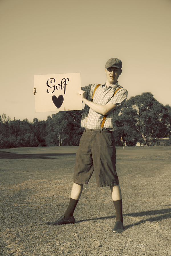 Retro Golf Player Holding Golf Love Banner by Jorgo Wall Art