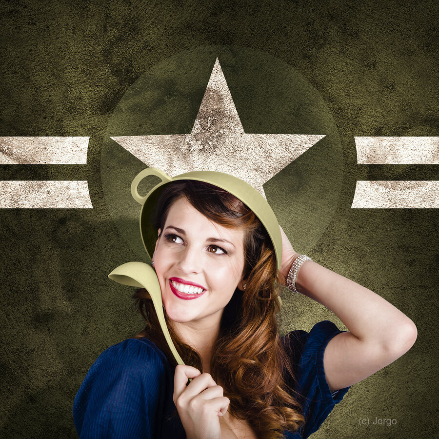 Cute military pin-up woman on army star background by Jorgo Wall Art