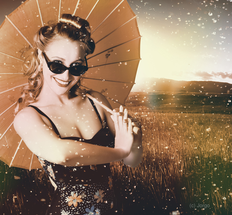 Vintage American pin-up girl in summer rain by Jorgo Wall Art