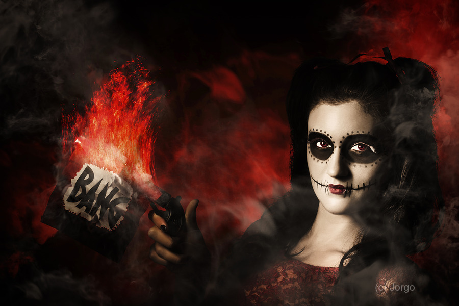 Deadly sugarskull girl firing pop gun with bang by Jorgo Wall Art