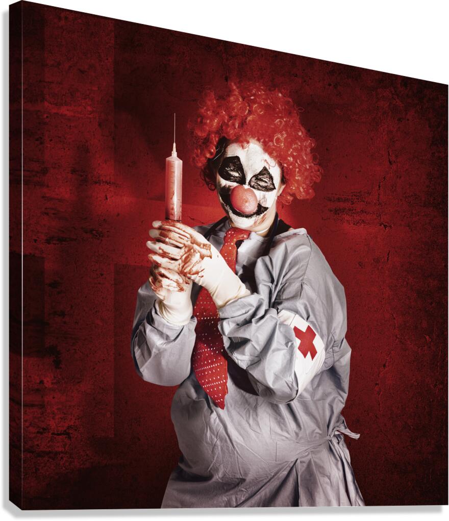 Dr Death clown with big red hypodermic needle by Jorgo Wall Art