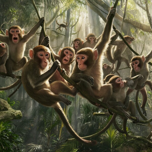 monkeys playing on trees