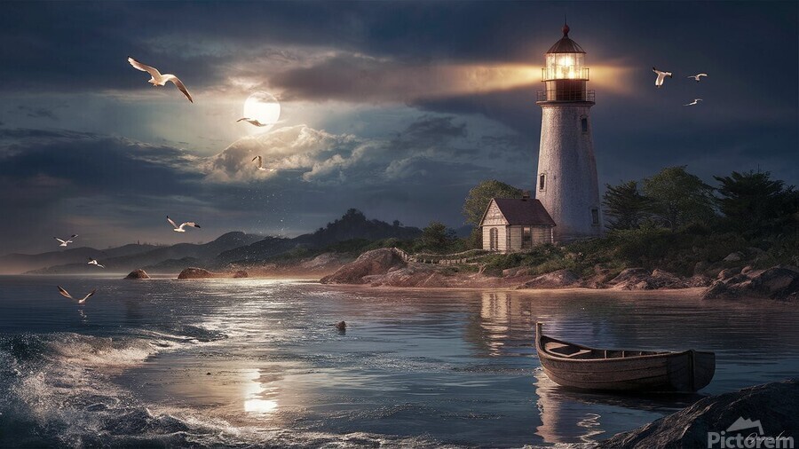 a breathtaking coastal scene at dusk with a light by badryano Wall Art
