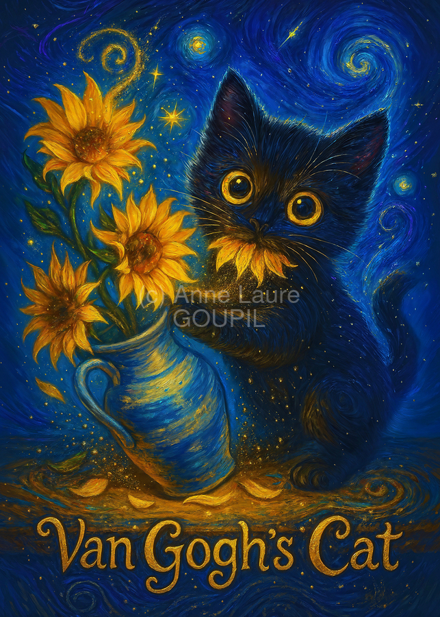 Van Gogh’s Cat – Whimsical Black Kitten with Sunflowers in a Starry ...