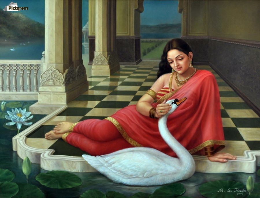 Lady with swan by Raja Ravi Varma Wall Art