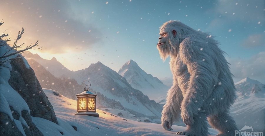 Winter Yeti Art - Mythical Abominable Snowman with Glowing Lantern in ...