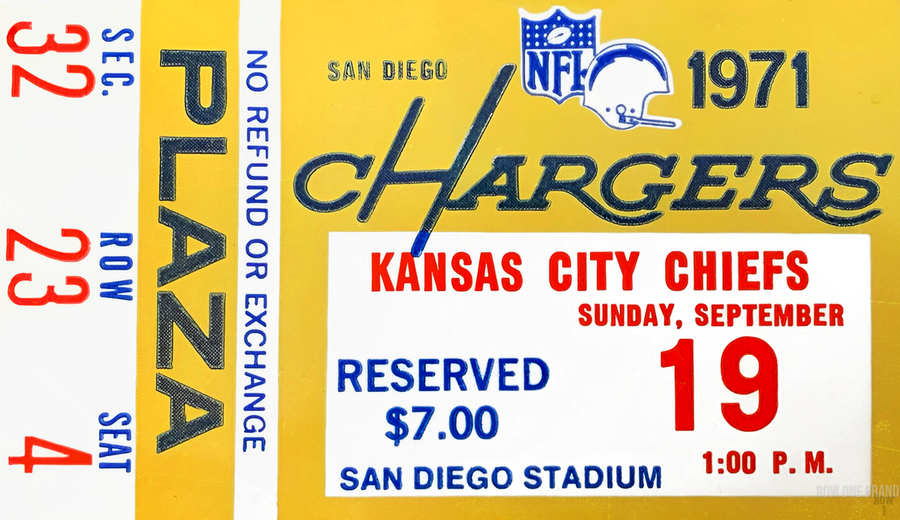 1971 San Diego Chargers Ticket Stub Poster by Row One Brand Wall Art