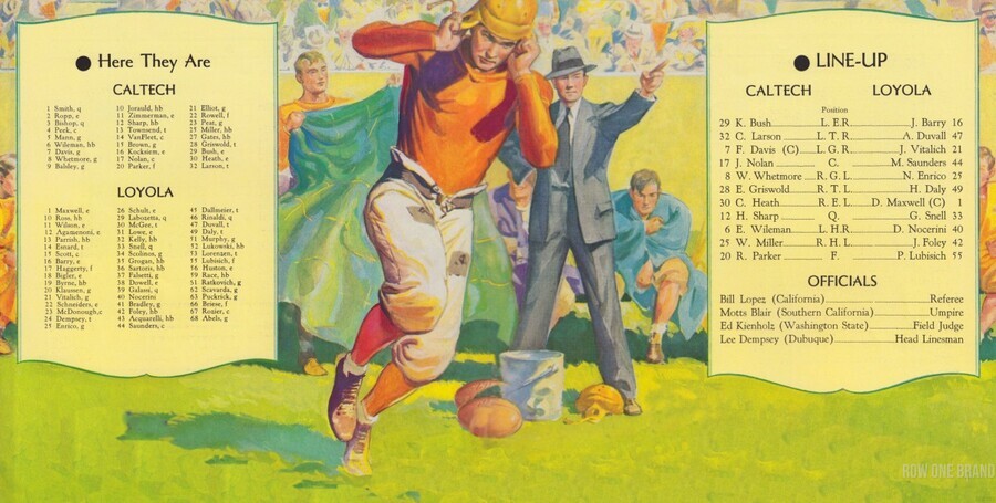 1935 college football season lineup cal tech loyola sideline art poster ...