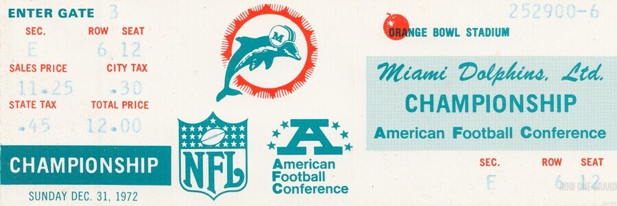 1972 Miami Dolphins Ticket Art by Row One Brand Wall Art