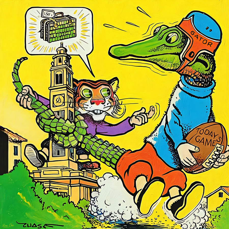 1954 LSU Tiger and Florida Gator Cartoon Art by Chase by Row One Brand ...