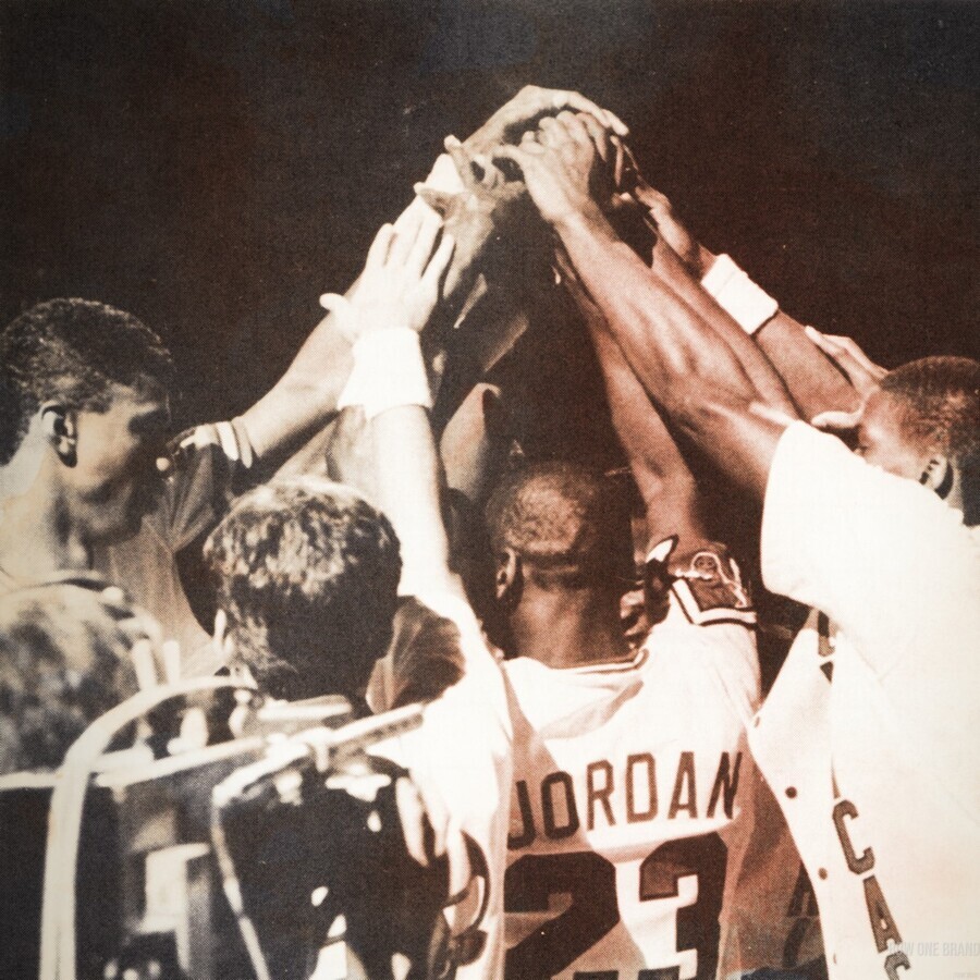 chicago bulls team photo michael jordan huddle by Row One Brand Wall Art