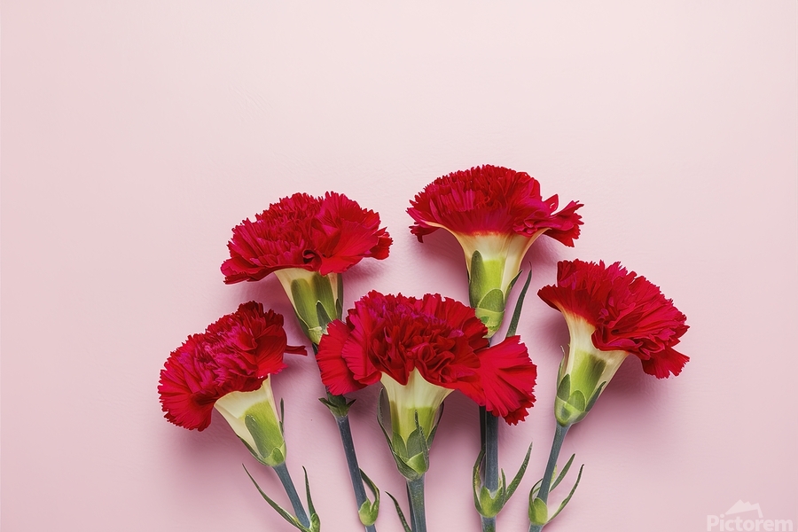 Red carnations on pink background by Violeta Popescu Wall Art