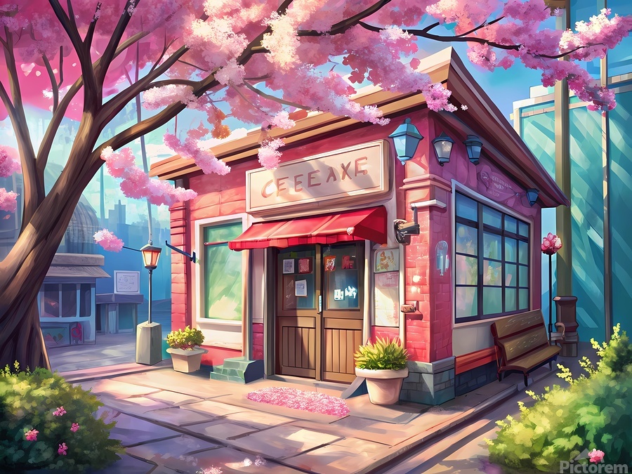 Charming Pink Storefront Amid Cherry Blossoms by Lux Wall Art