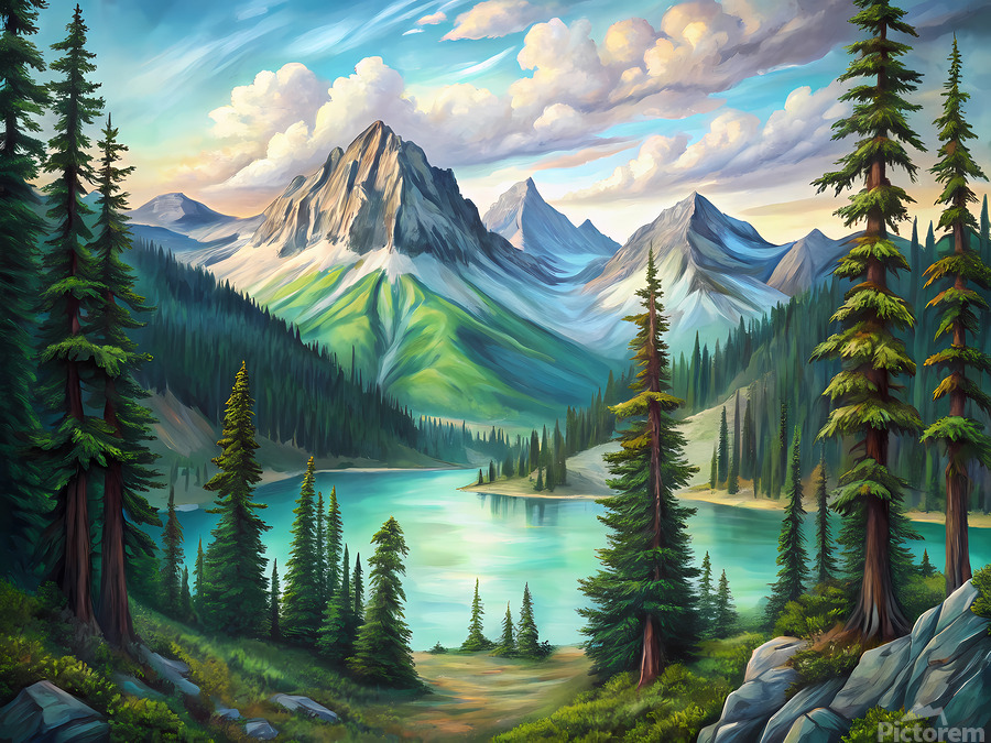 Majestic Mountain Landscape – Classic Illustrative Nature Painting with ...