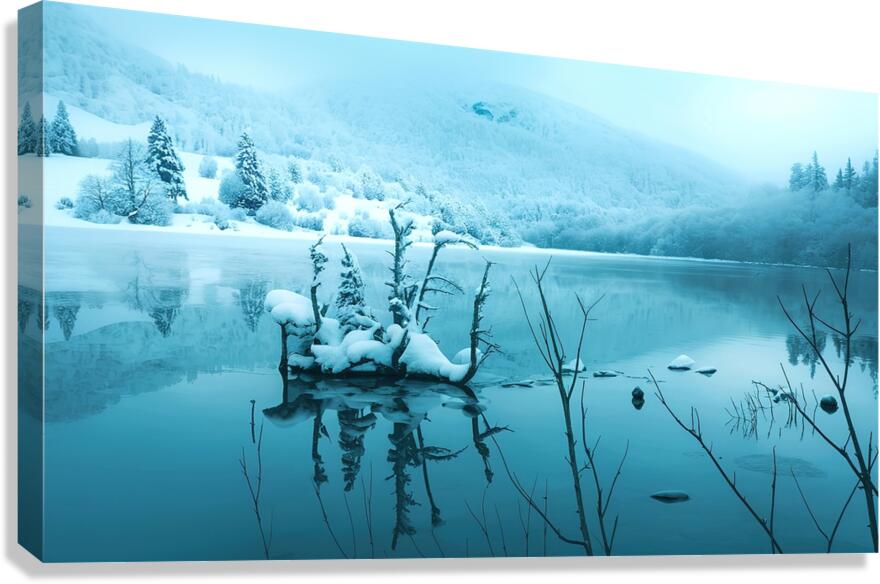 Winter lake landscape in blue color shades by Mirela Poiana Wall Art