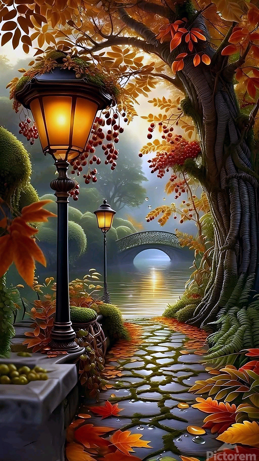 Autumn Serenity – Stone Pathway Bridge & Fall Foliage by Water by ...