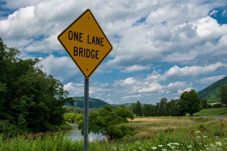 One Lane Bridge Sign by Jean Farrell Wall Art