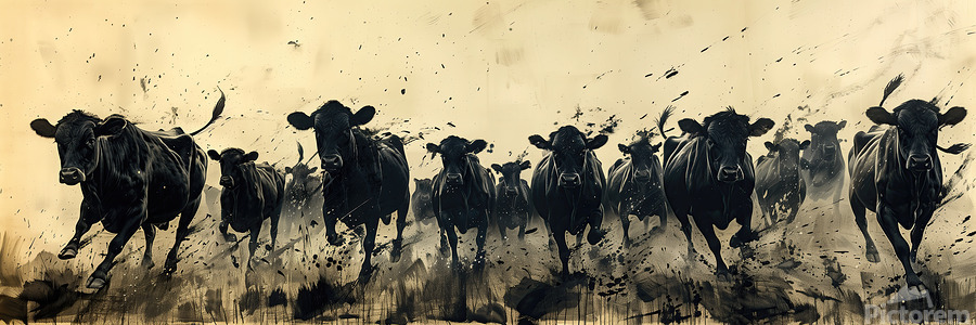 Powerful Cattle Stampede Painting by New York Art Studio Wall Art
