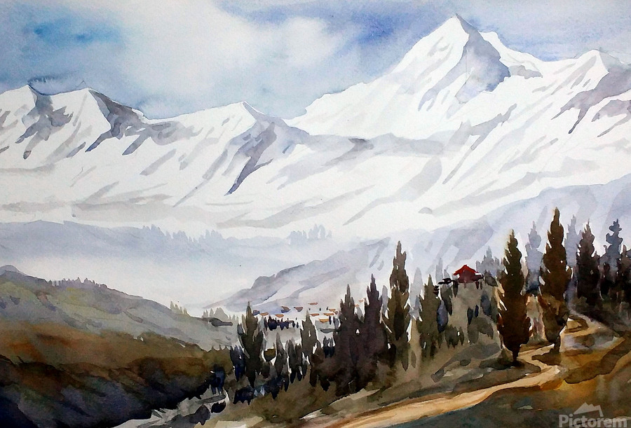 Mountain Himalayan Peaks Watercolor Painting by Samiran Sarkar Wall Art