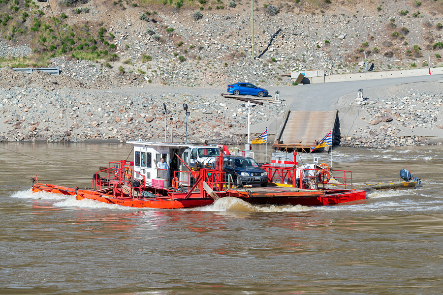 The Lytton Reaction Ferry traverses the Fraser River in Lytton British ...