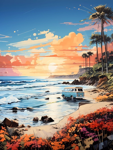Pictorem.com :: Psychedelic beach scene with colorful waves by Win Hardy