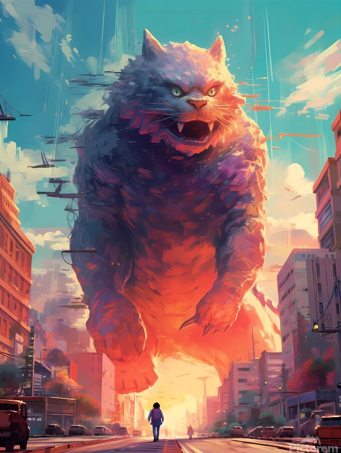 Catzilla Vintage - Giant Cat Attack by Win Hardy Wall Art