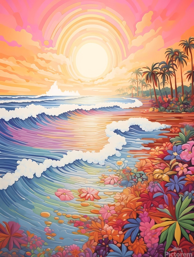 Psychedelic beach scene with colorful waves by Win Hardy Wall Art