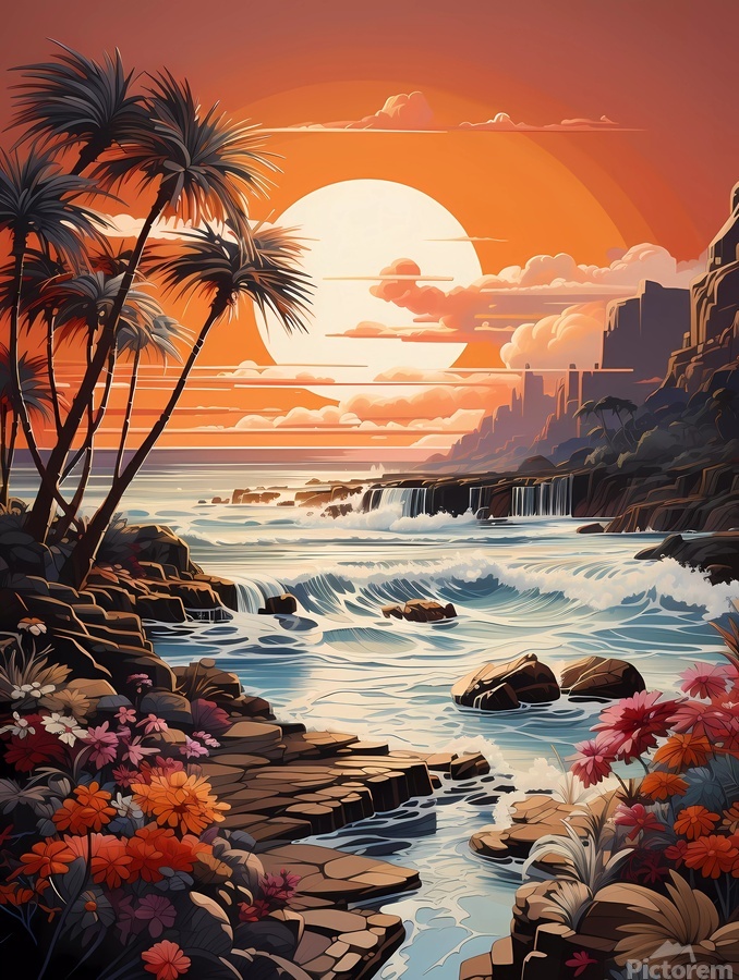 Psychedelic beach scene with colorful waves by Win Hardy Wall Art