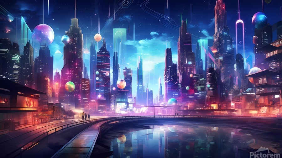 Psychedelic cityscape with towering neon skyscrapers by Win Hardy Wall Art