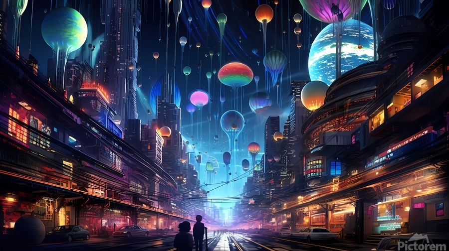 Psychedelic cityscape with towering neon skyscrapers by Win Hardy Wall Art