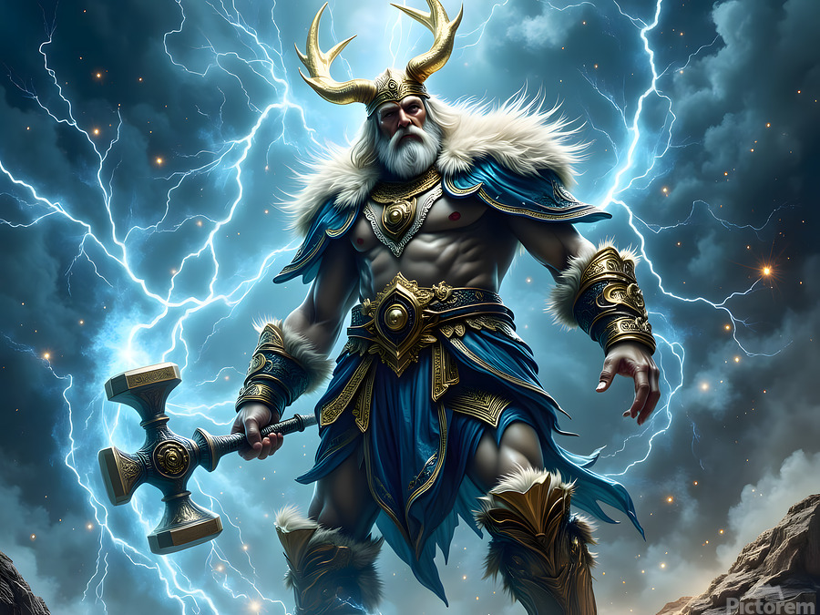 Norse Thunder God with Hammer Standing in Epic Lightning Storm by David ...