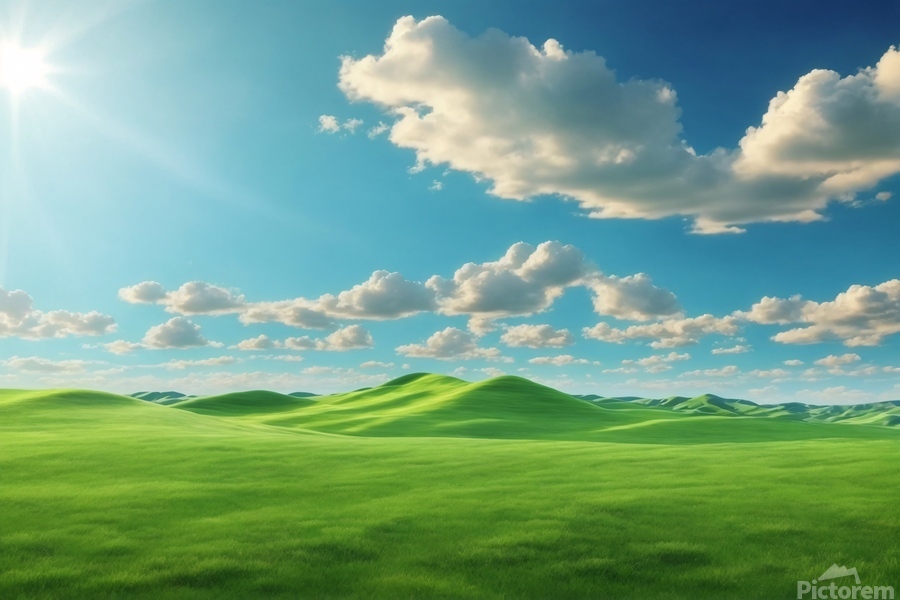 Green Grass field on Small Hills and Blue Sunny Sky Green Hills ...