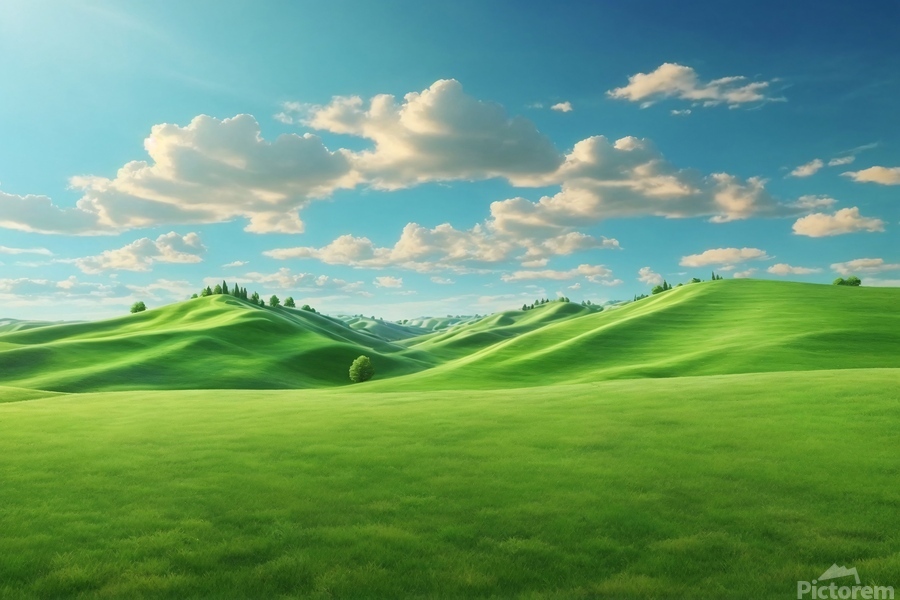 Green Grass field on Small Hills and Blue Sunny Sky Green Hills ...