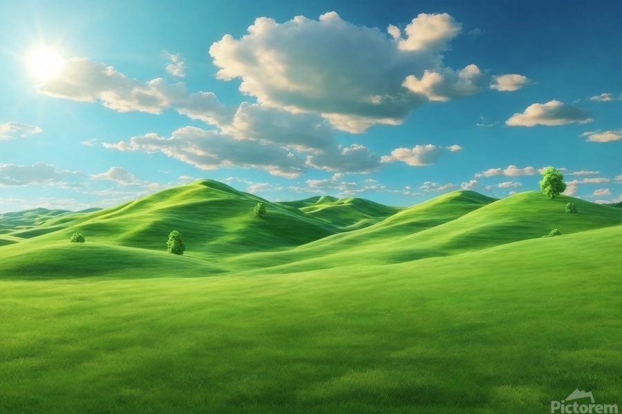 Green Grass field on Small Hills and Blue Sunny Sky Green Hills ...